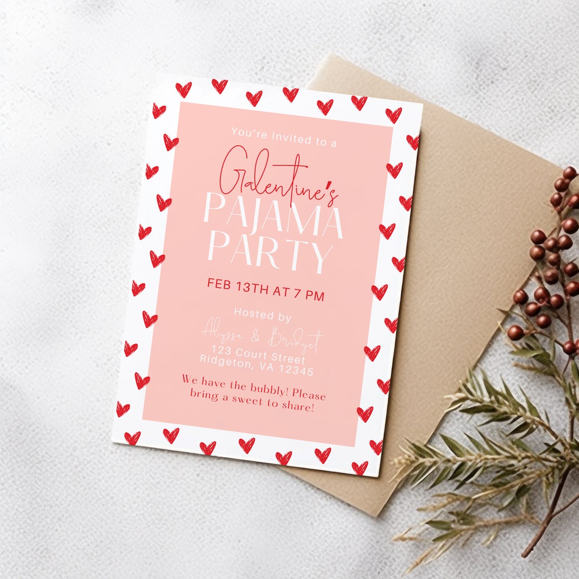 Galentine's Day Pajama Party Invitation Template, Pink and Red Hearts ...