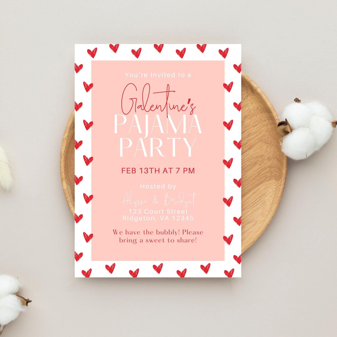 Galentine's Day Pajama Party Invitation Template, Pink and Red Hearts ...