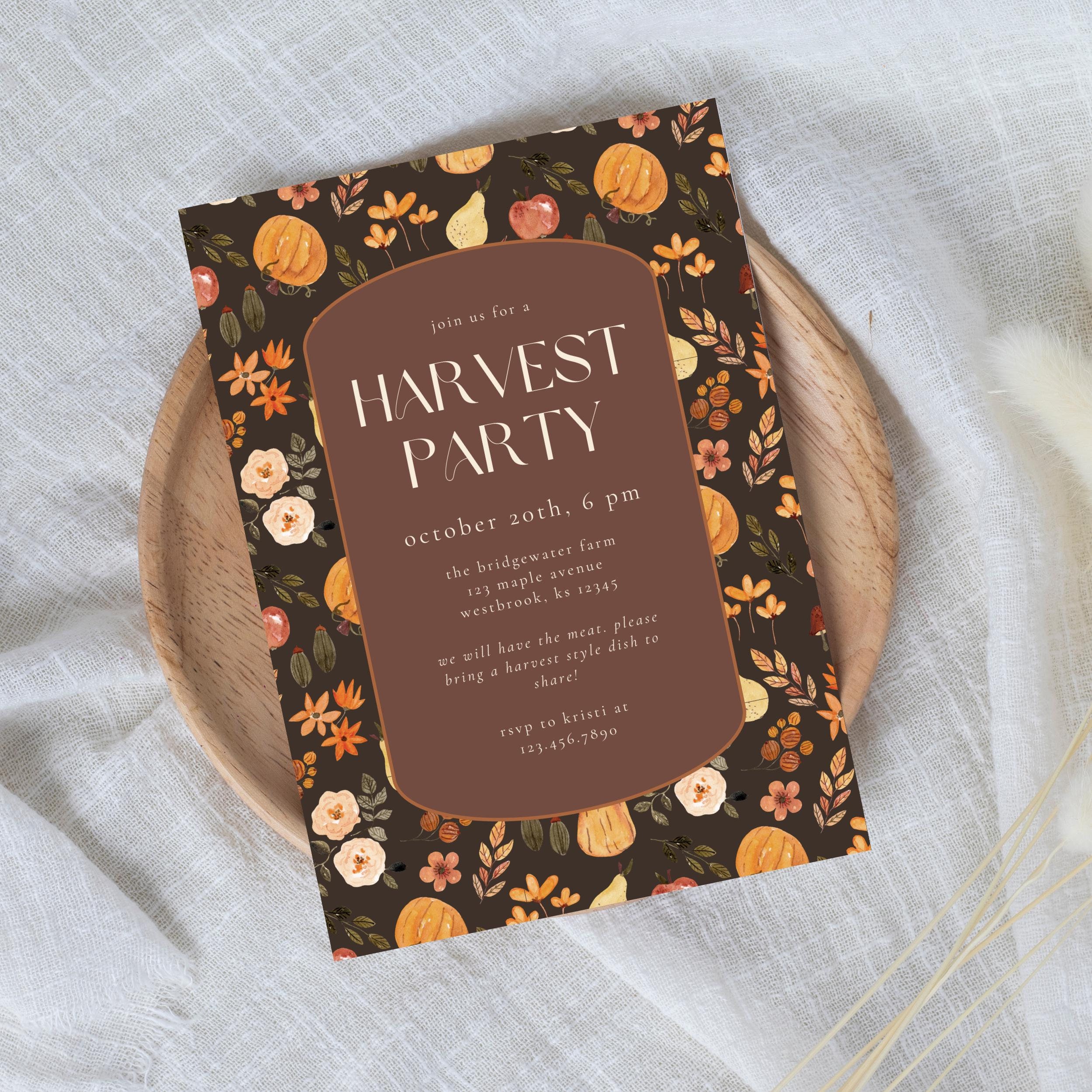 Fall Harvest Party Invitation Template, Autumn Farm Party, Modern ...