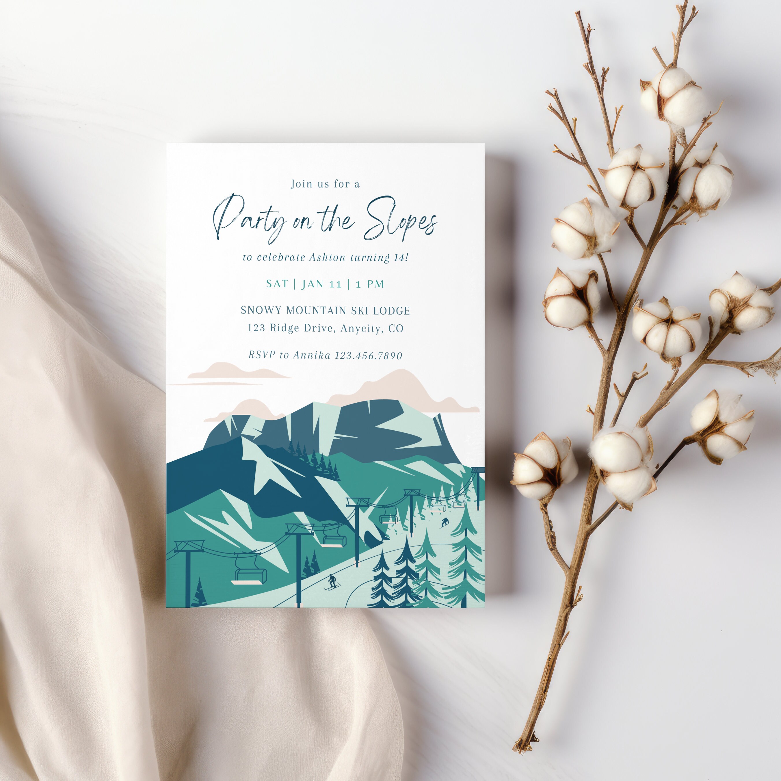 Party on the Slopes Birthday Party Invitation Template, Skiing ...
