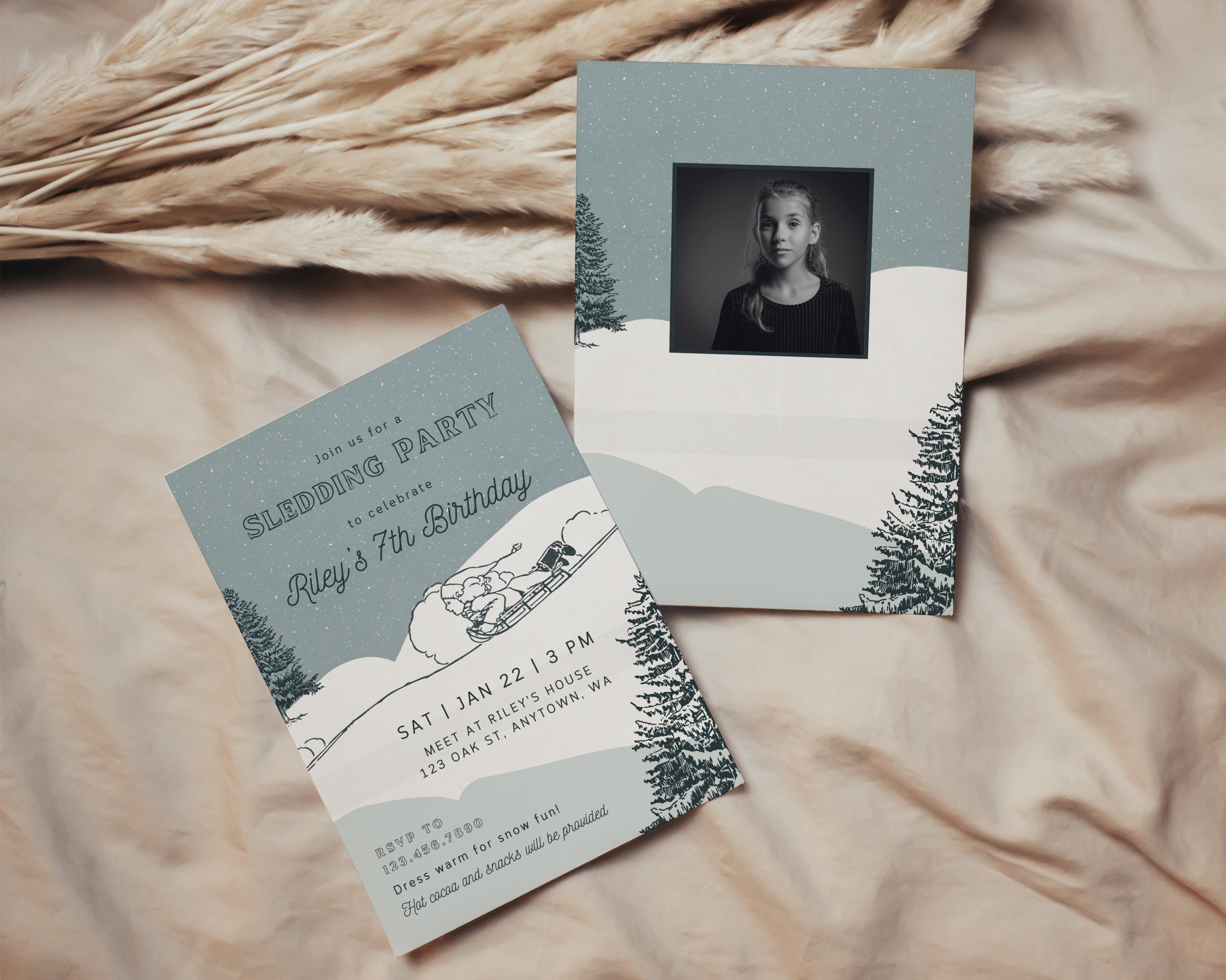 Sledding Birthday Party Invitation Template, Winter Snow Birthday ...