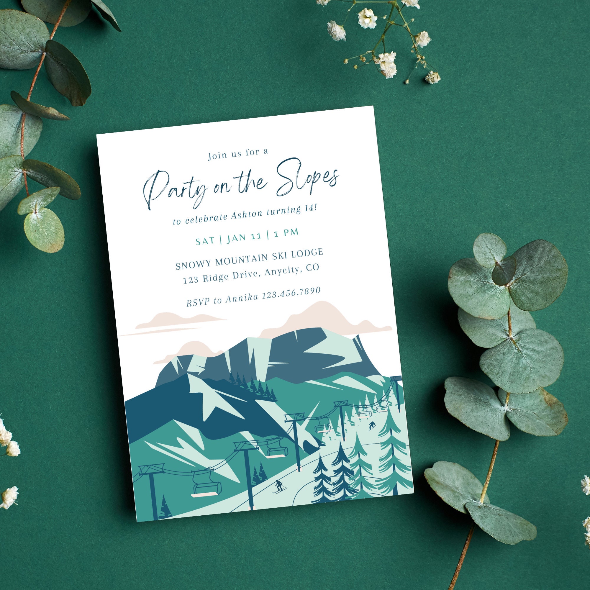 Party on the Slopes Birthday Party Invitation Template, Skiing ...