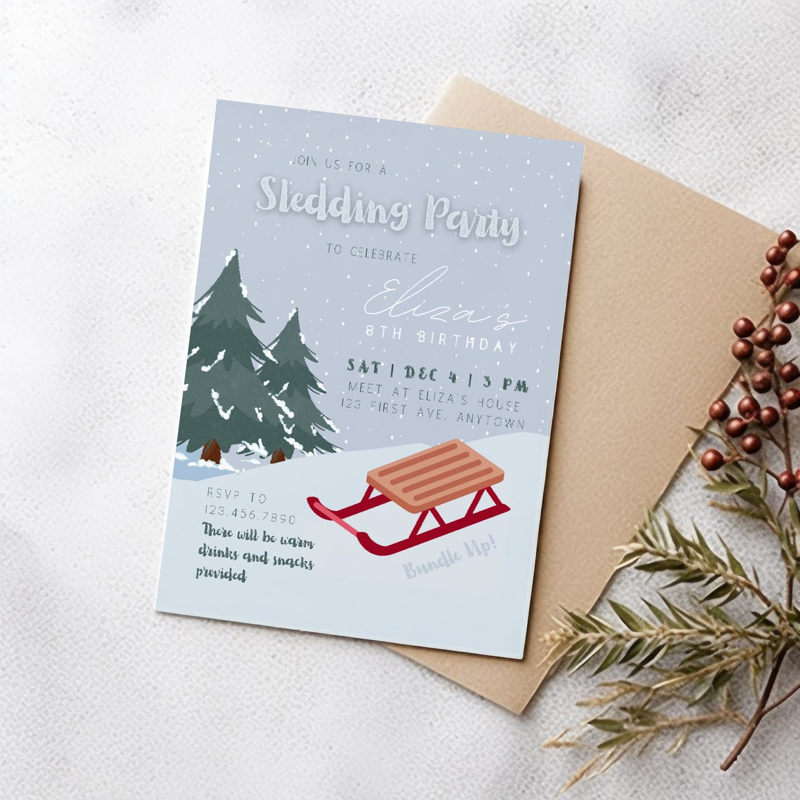 Sledding Birthday Party Invitation Template, Winter Snow Kids Birthday ...