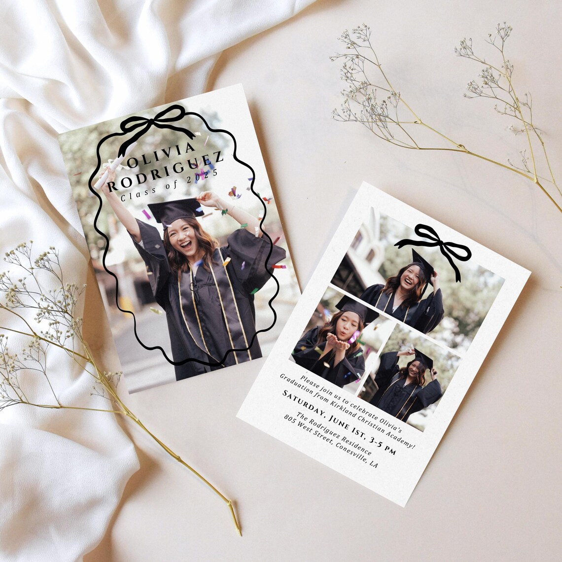 Ribbon Photo Graduation Party Invite Editable Template Neutral Black ...