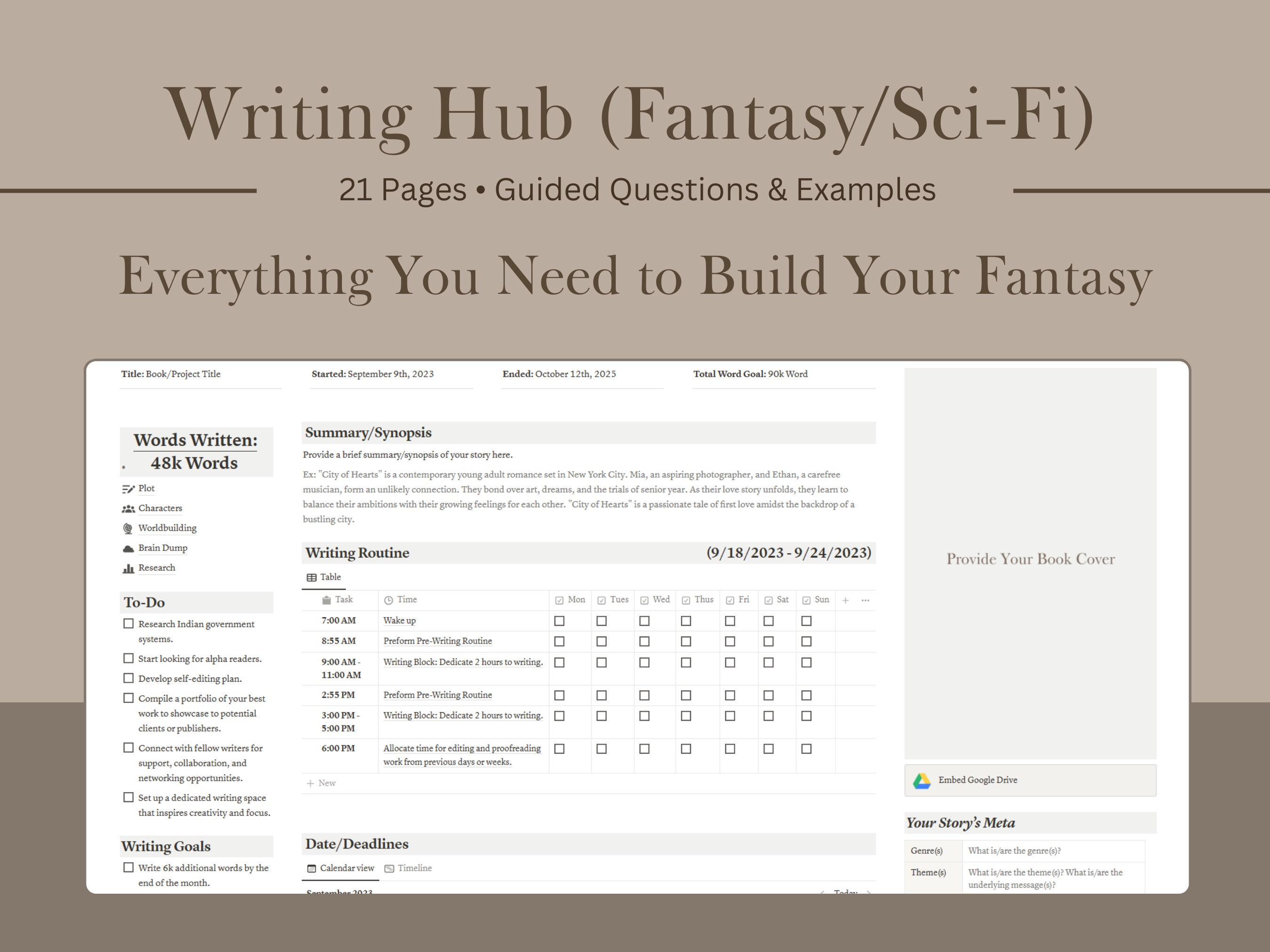 Writing Hub for Fantasy/sci-fi | Digital Novel Planner | Novel Outline ...