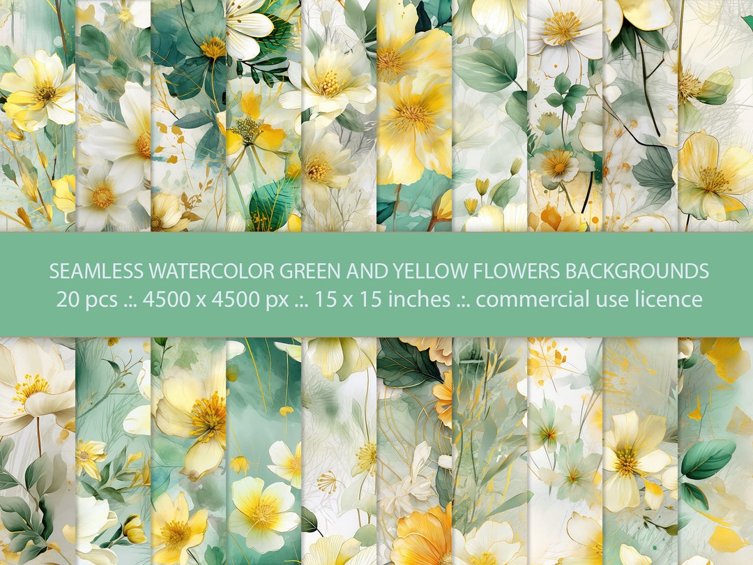 Watercolor Floral Papers: Green & Yellow Spring Flowers (digital ...