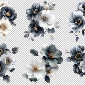 Watercolor Black and White Floral Clipart: Transparent PNG (digital ...