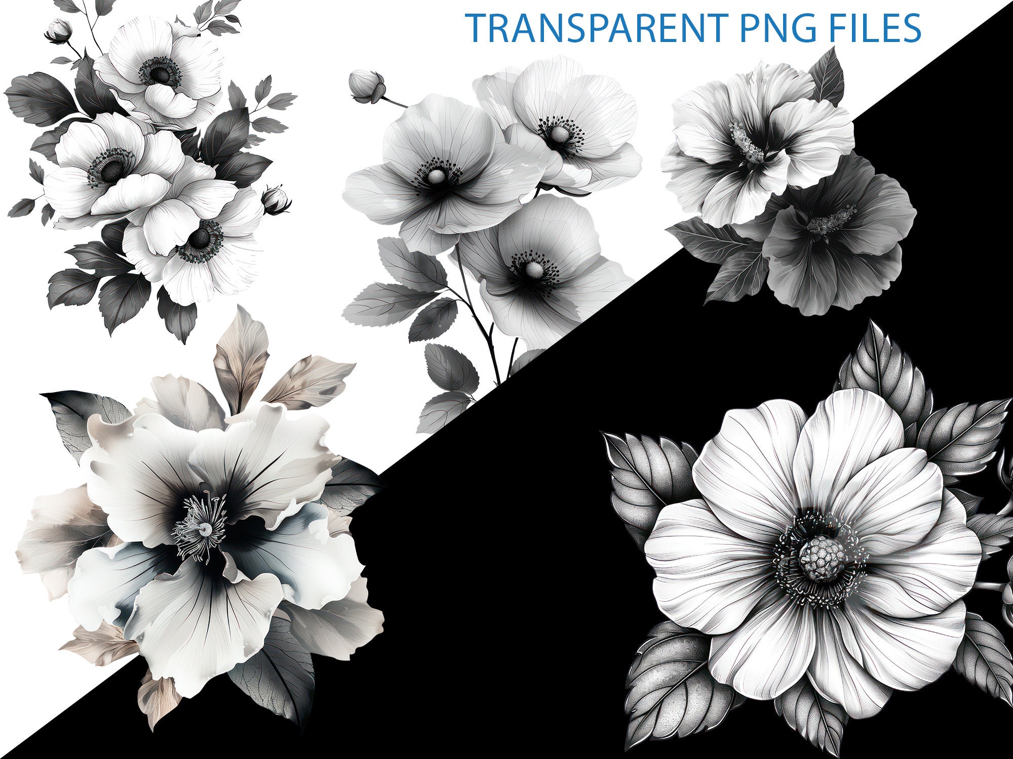 20 Transparent Decorative Flowers Clipart, Black and White Flowers ...