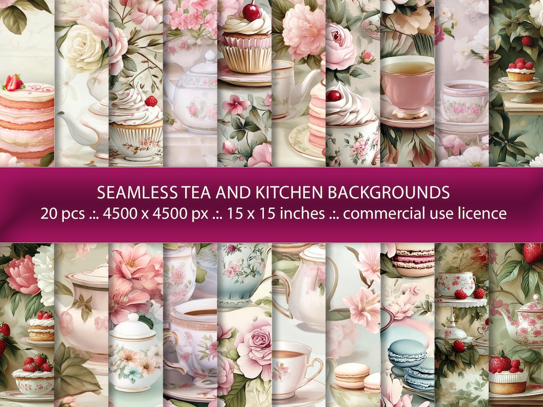Watercolor Tea Party Backgrounds: Seamless Floral & Dessert Designs (20 ...