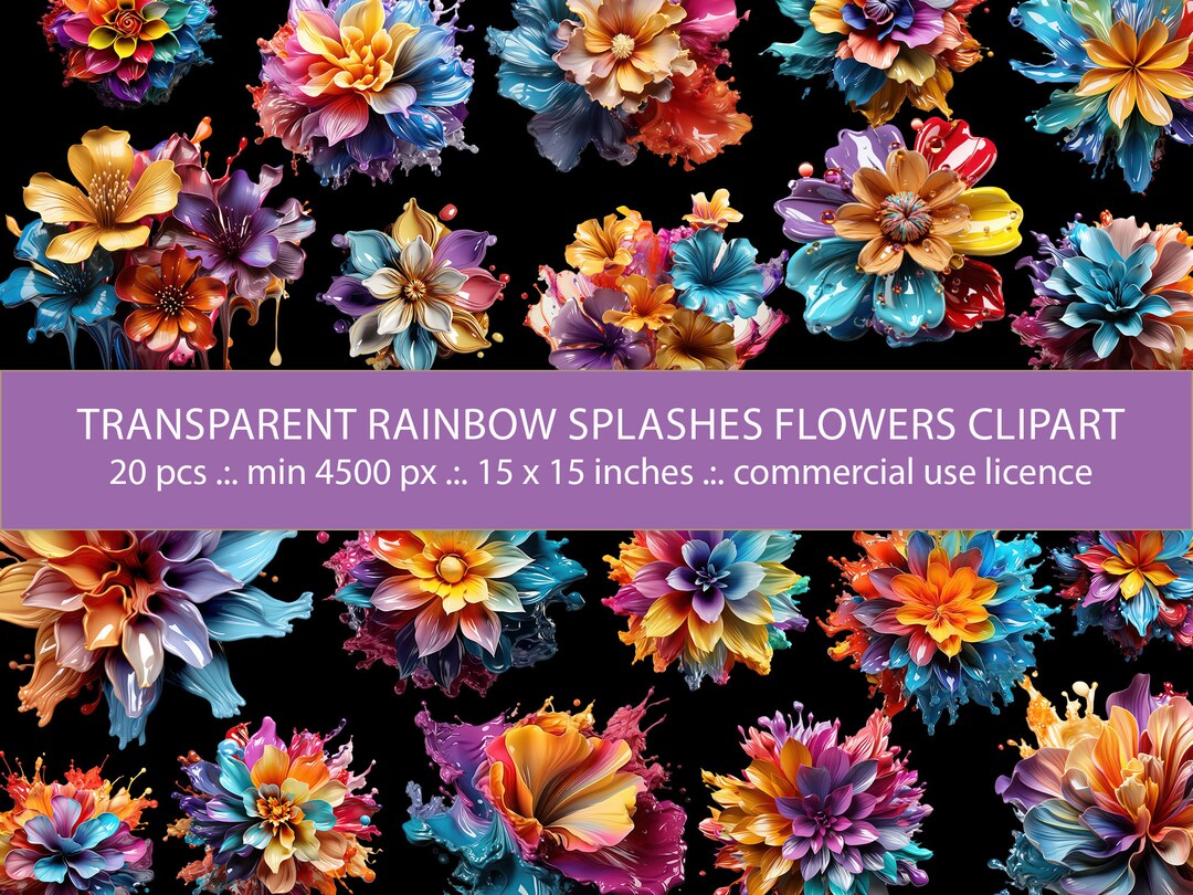 Rainbow Flower Splashes Clipart: Transparent Floral Design (PNG, 300dpi ...