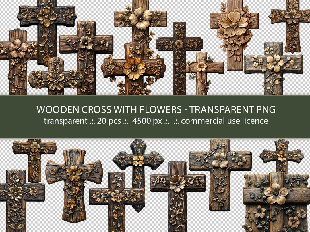 20 Transparent Wooden Cross With Flowers, Vintage Cross PNG, Religious ...