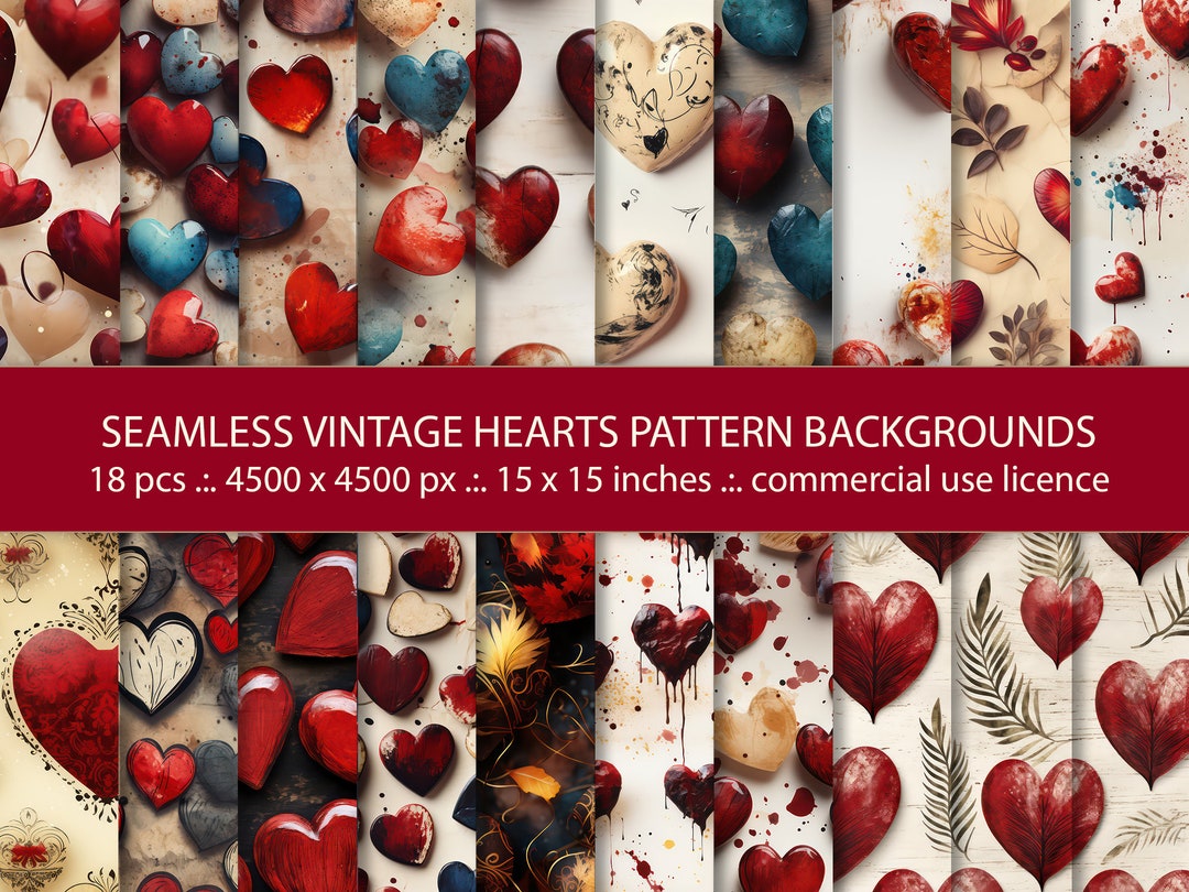 18 Seamless Vintage Hearts Pattern Backgrounds, Digital Paper for ...