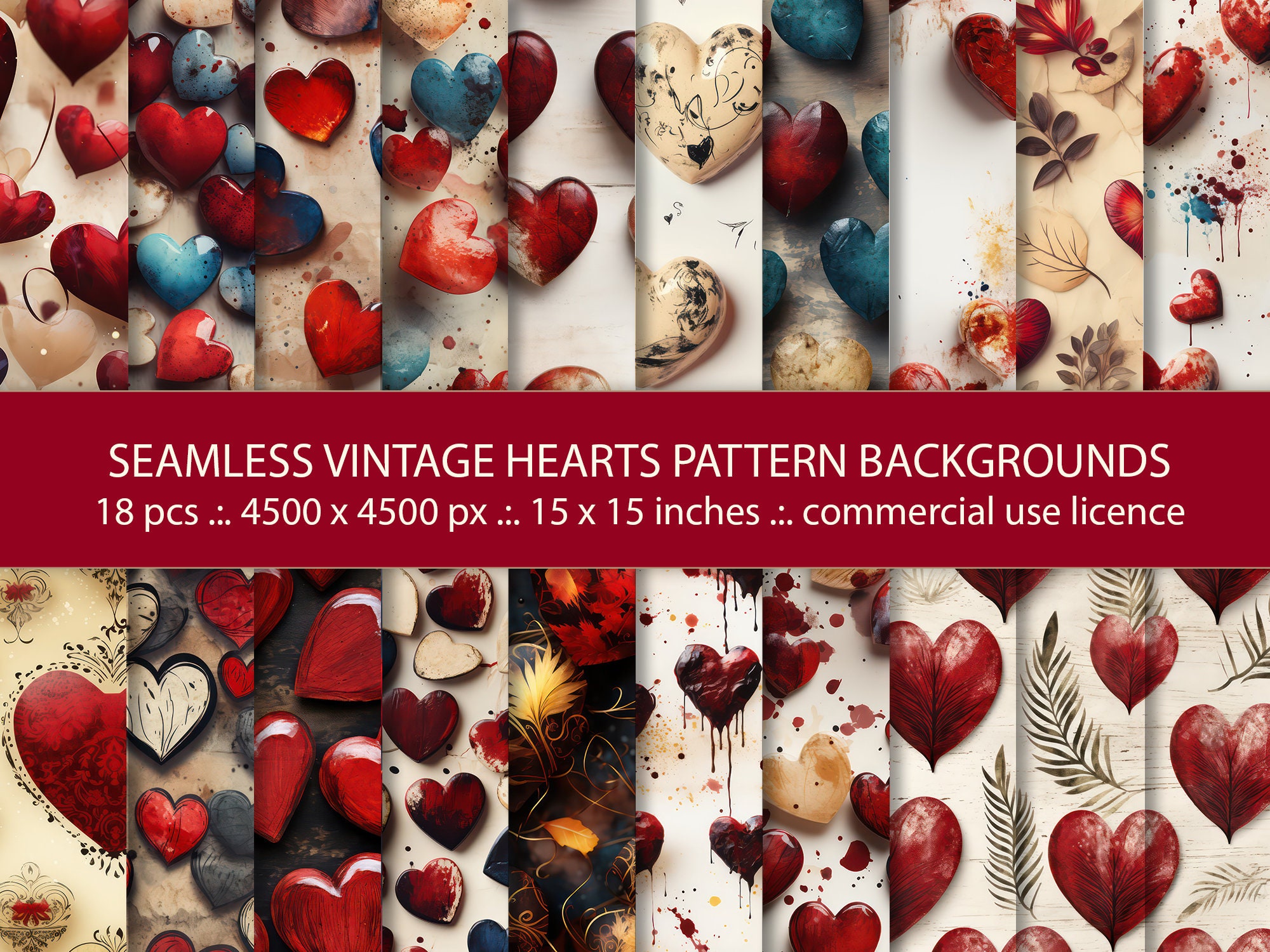 18 Seamless Vintage Hearts Pattern Backgrounds, Digital Paper for ...