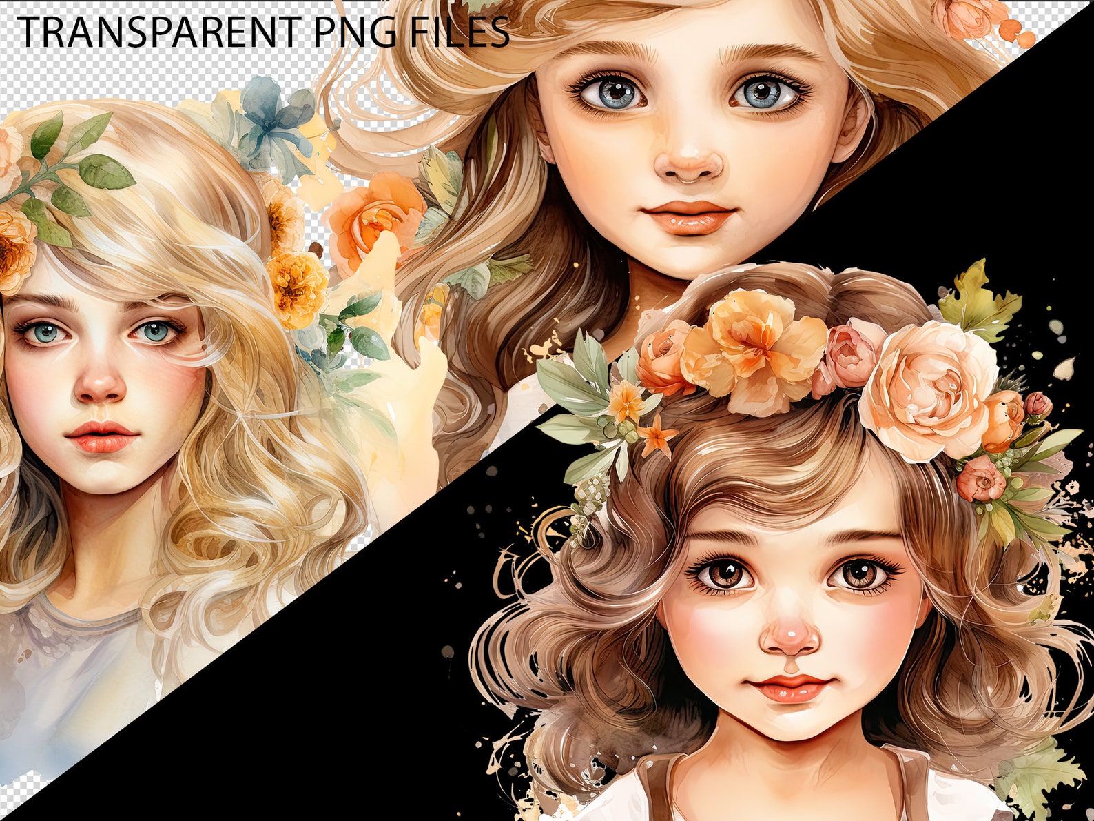 Watercolor Flower Girls Clipart Cute Girls Portraits Transparent PNG ...