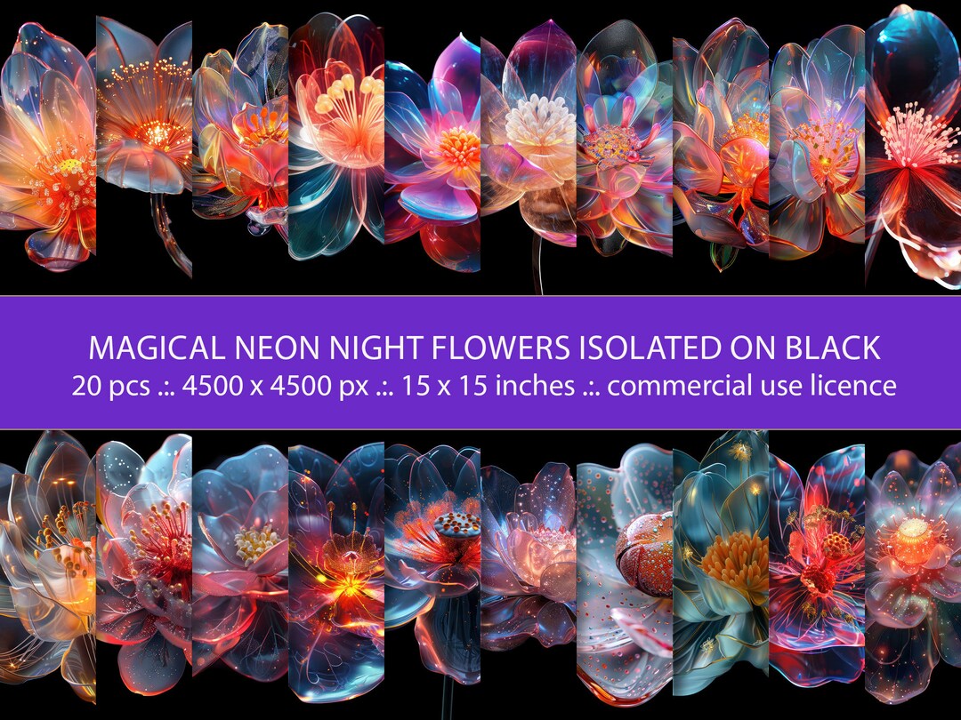 Neon Magical Night Flowers PNG Set - Flowers on Black Background ...