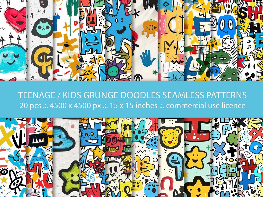 Teenage / Kids Grunge Doodles Seamless Patterns | Teen Doodles Seamless ...