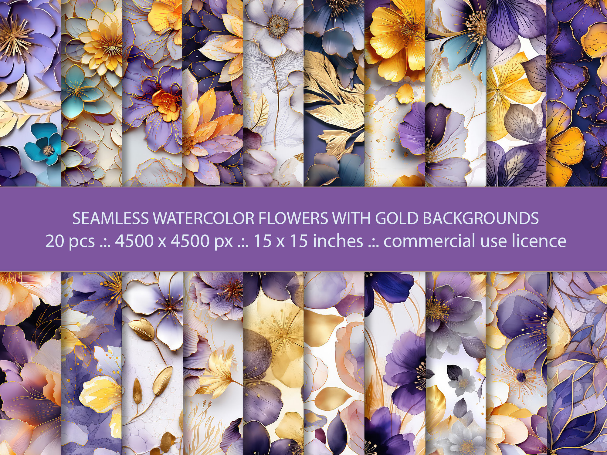 20 Seamless Watercolor Floral Backgrounds Purple, White, Yellow, Violet ...