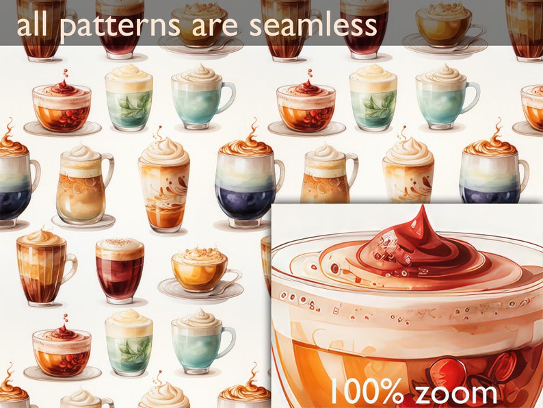 20 Watercolor Coffee Seamless Textures Coffee Cup Backgrounds Autumn ...