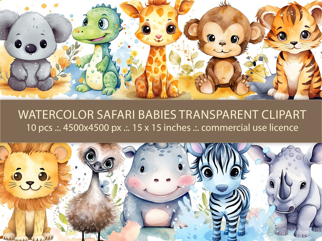 Watercolor Safari Animals Pngs Baby Animal Clipart for Nursery Decor ...