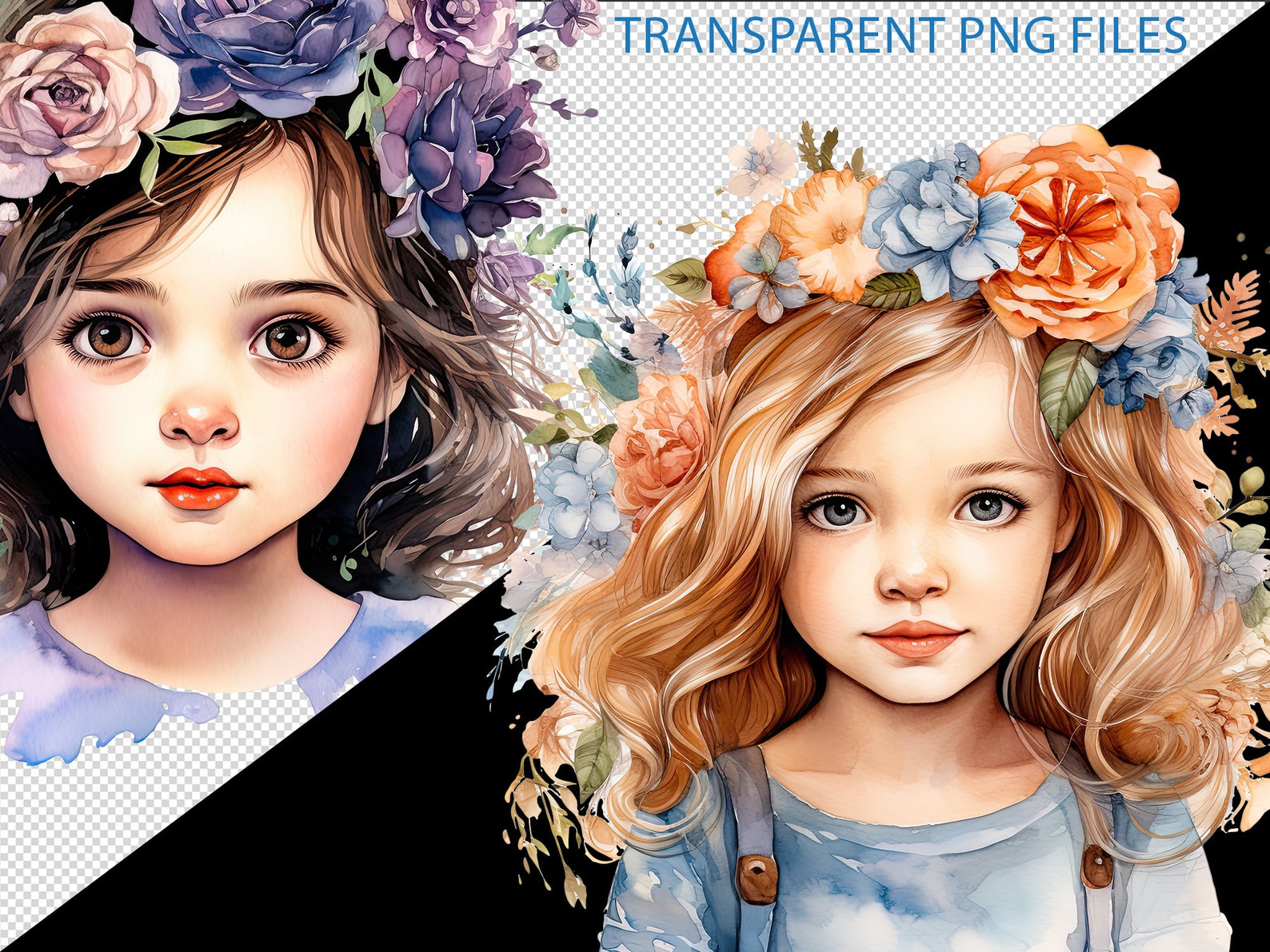 Watercolor Flower Girls Clipart Cute Girls Portraits Transparent PNG ...