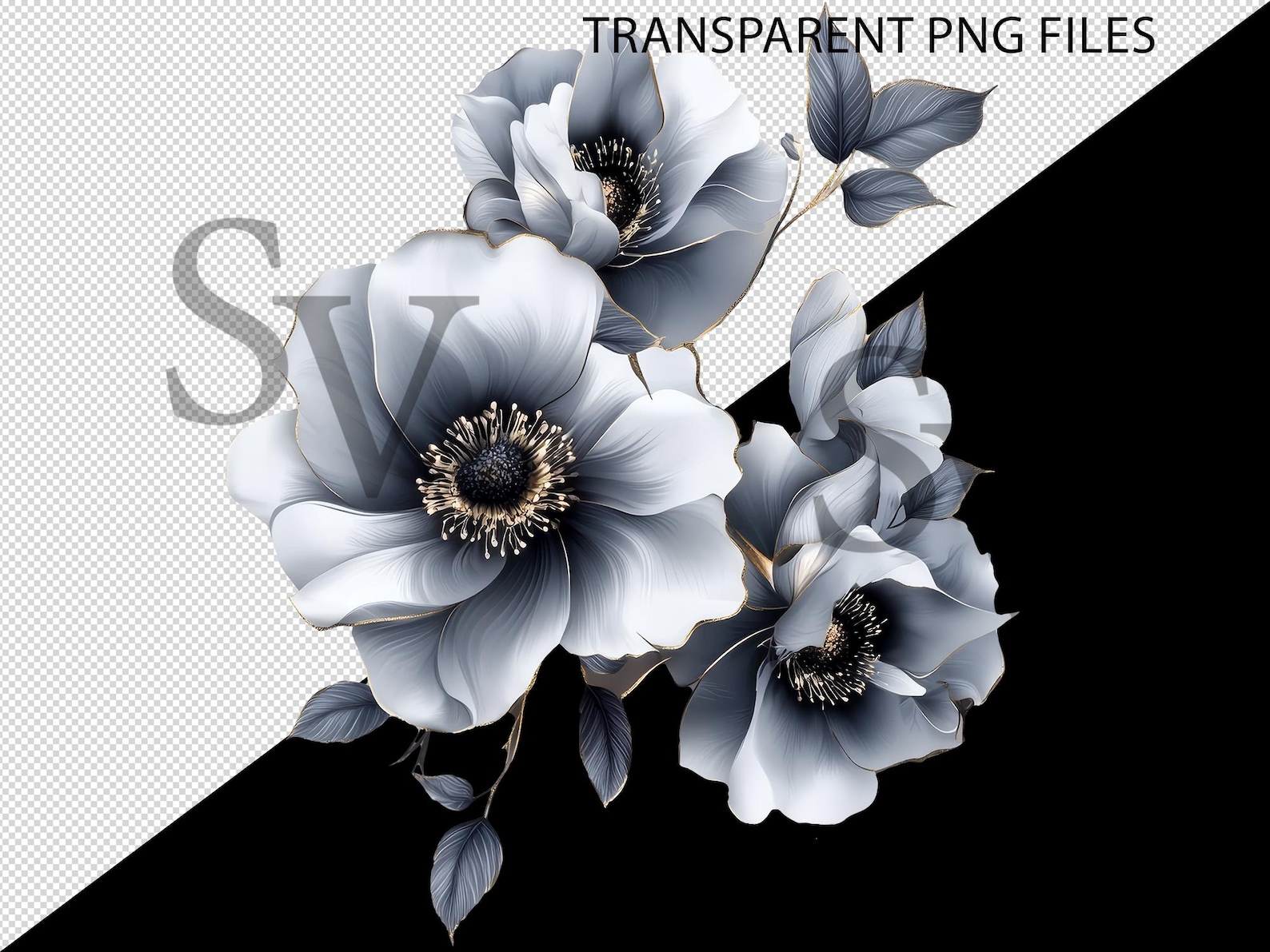 Watercolor Black and White Floral Clipart: Transparent PNG (digital ...