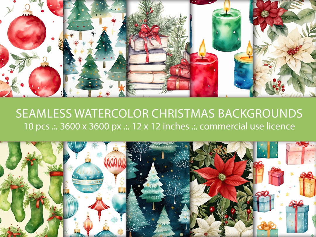 Christmas Digital Paper JPG - 10 Seamless Watercolor Backgrounds With ...