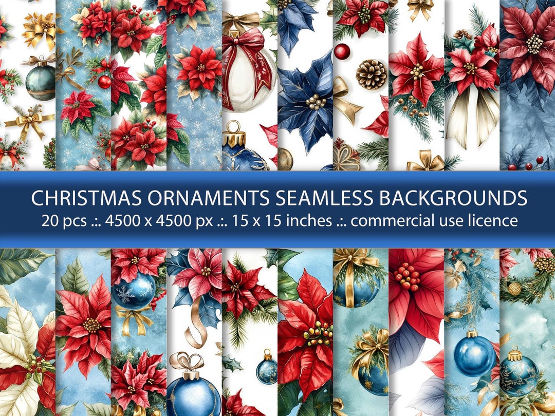 20 Seamless Christmas Backgrounds Festive Poinsettias, Ornaments Bows ...