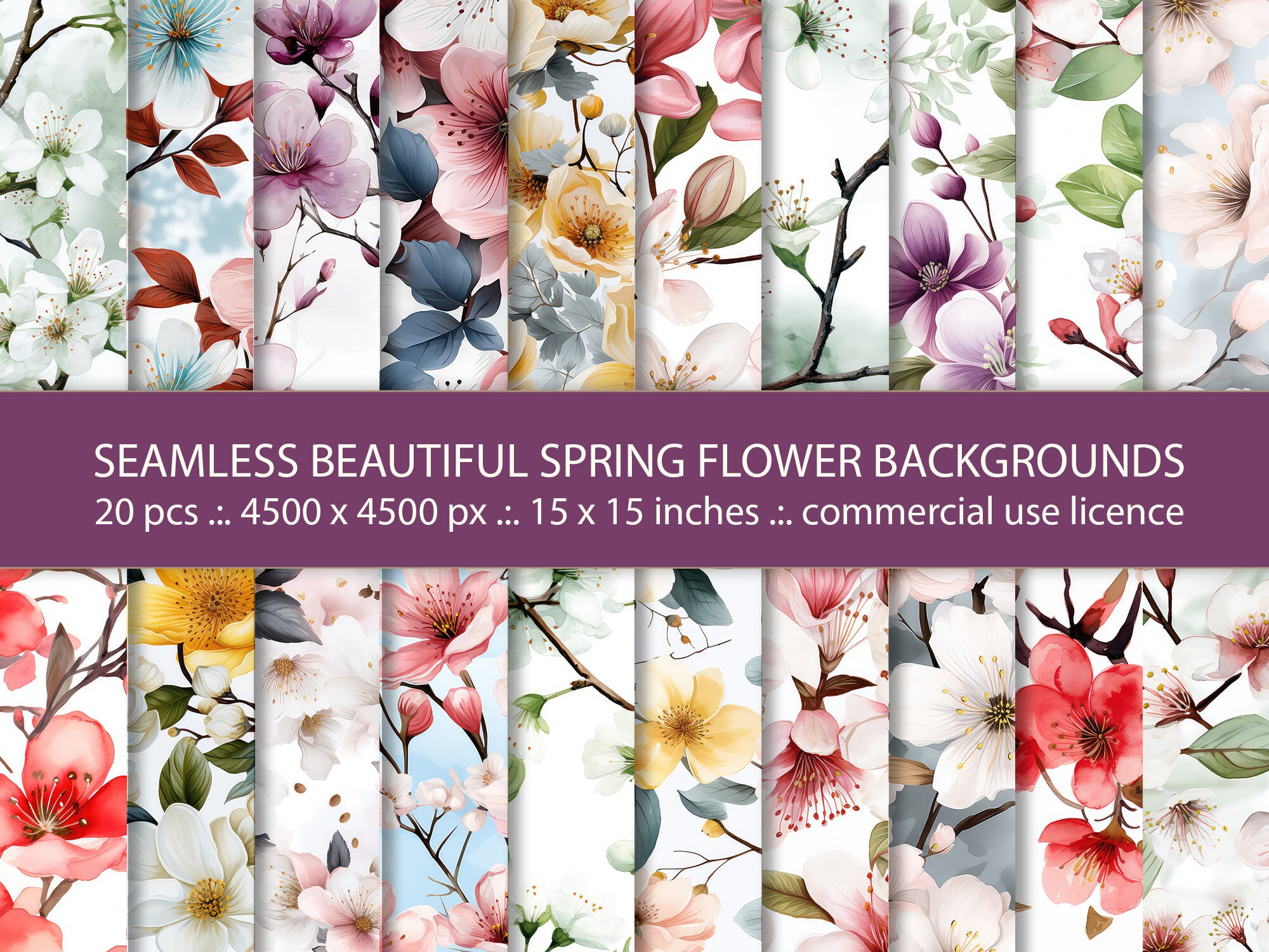 20 Seamless Beautiful Spring Flower Backgrounds, Watercolor Floral ...
