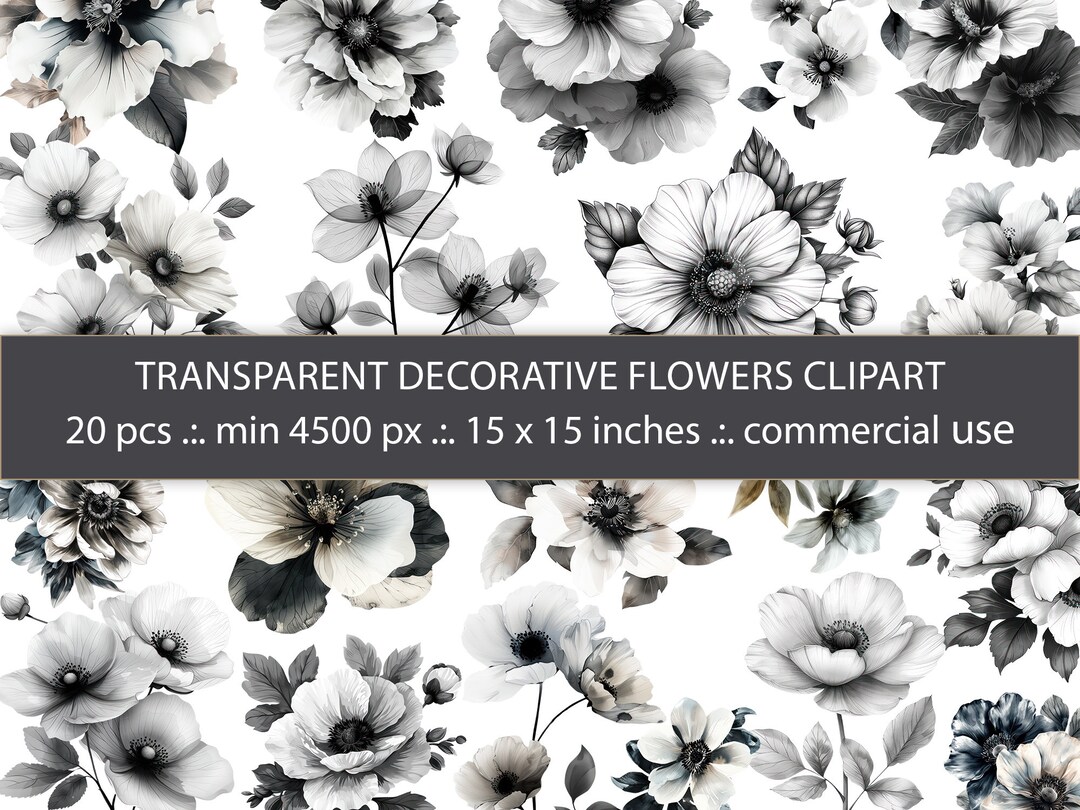 20 Transparent Decorative Flowers Clipart, Black and White Flowers ...