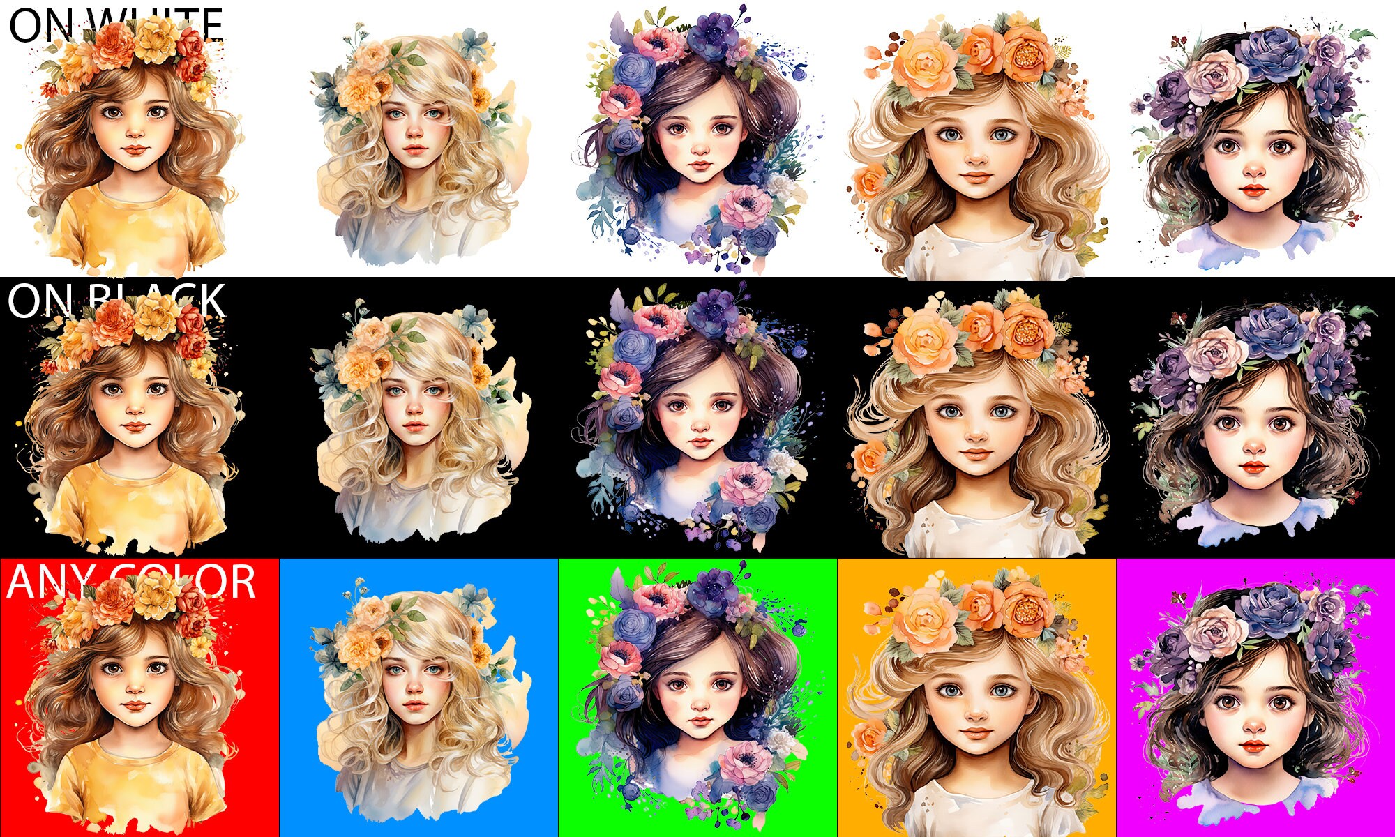 Watercolor Flower Girls Clipart Cute Girls Portraits Transparent PNG ...