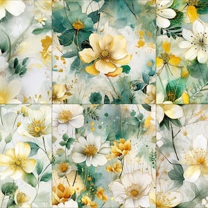 Watercolor Floral Papers: Green & Yellow Spring Flowers (digital ...