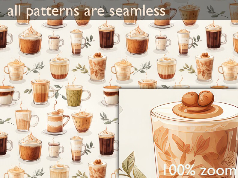 20 Watercolor Coffee Seamless Textures Coffee Cup Backgrounds Autumn ...