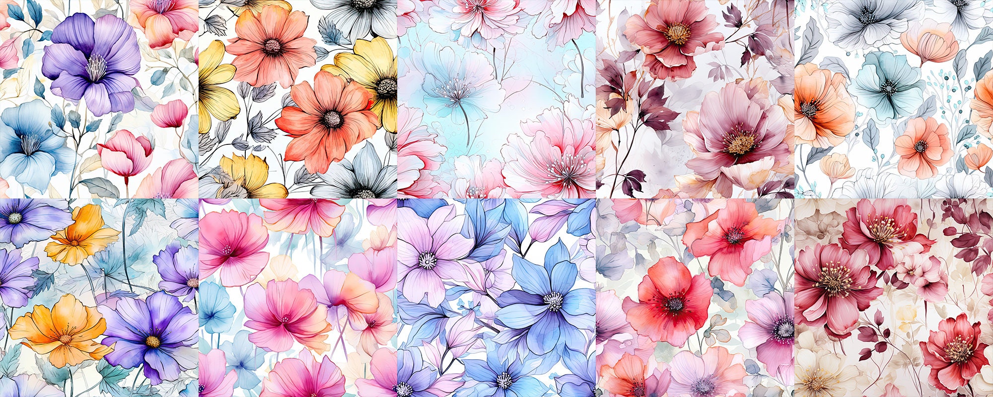 Wildflower Watercolor Digital Paper: Seamless Floral Backgrounds (10 ...