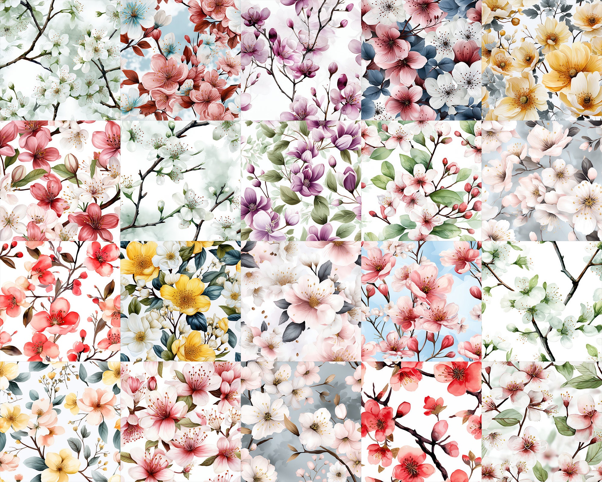 20 Seamless Beautiful Spring Flower Backgrounds, Watercolor Floral ...