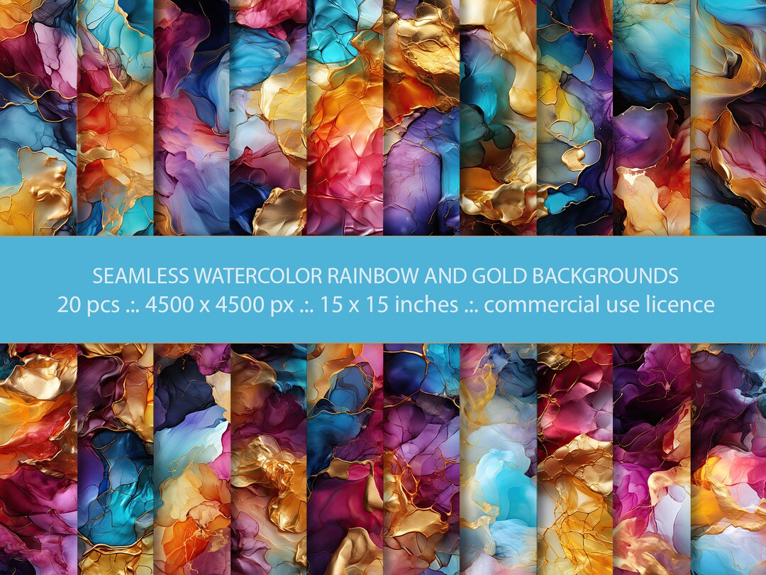 20 Watercolor Rainbow Marble Seamless Patterns With Gold Veins ...