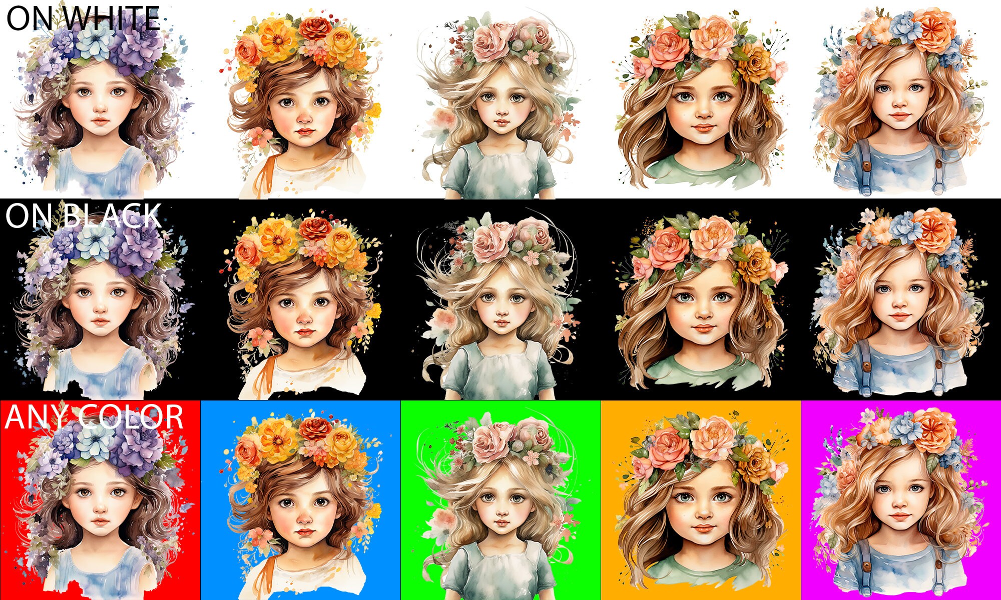 Watercolor Flower Girls Clipart Cute Girls Portraits Transparent PNG ...