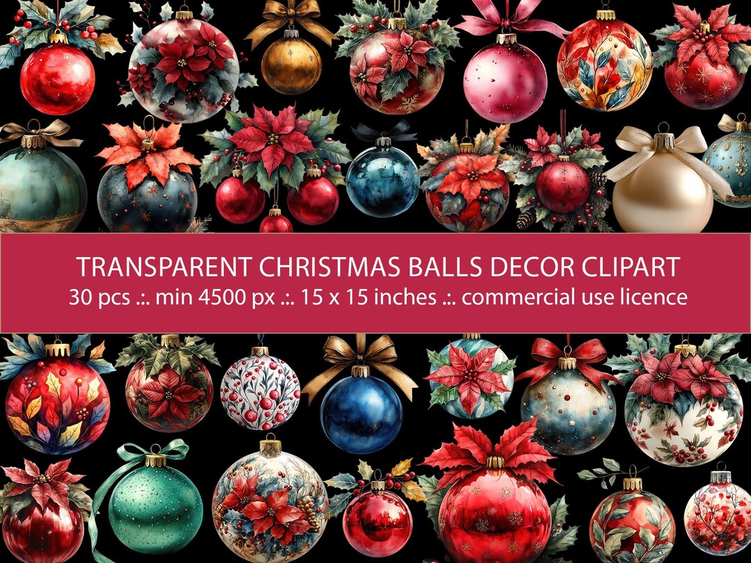 30 Transparent Christmas Digital Ornaments Flowers, Balls, Leaves ...