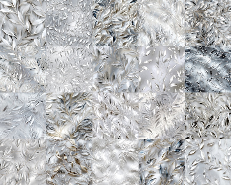 20 Silver Shimmering Leaves Backgrounds: Seamless Floral Patterns ...