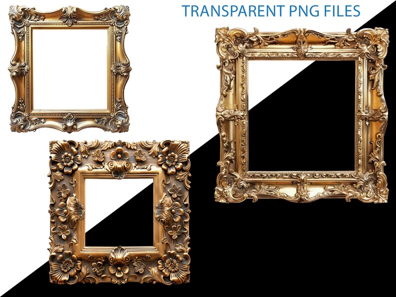 20 Vintage Gold Frame Clipart: Luxury Wooden PNG Overlays (digital ...