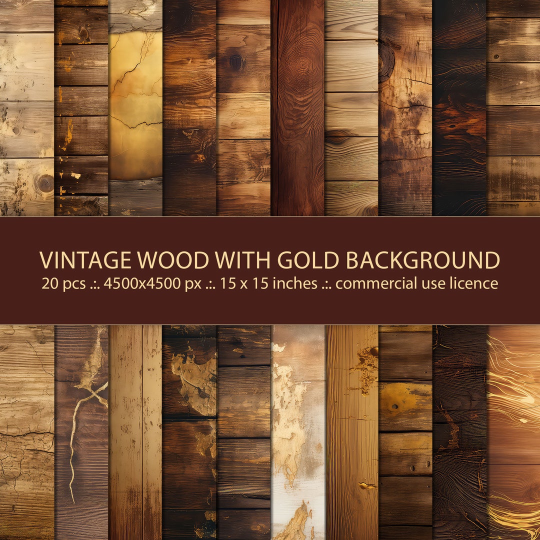 20 Vintage Wood With Gold Backgrounds, Golden Wooden Textures, Digital ...