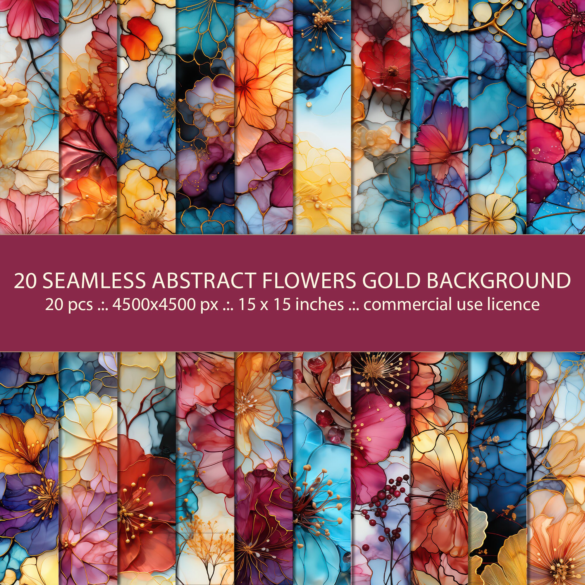 20 Seamless Abstract Watercolor Flowers With Gold Background ...