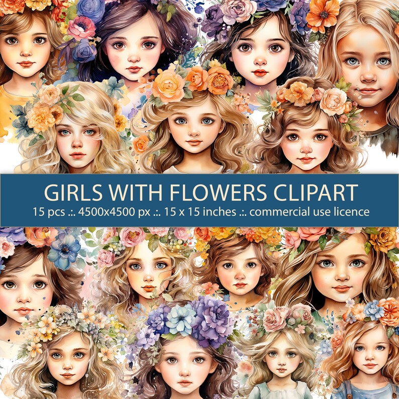 Watercolor Flower Girls Clipart Cute Girls Portraits Transparent PNG ...