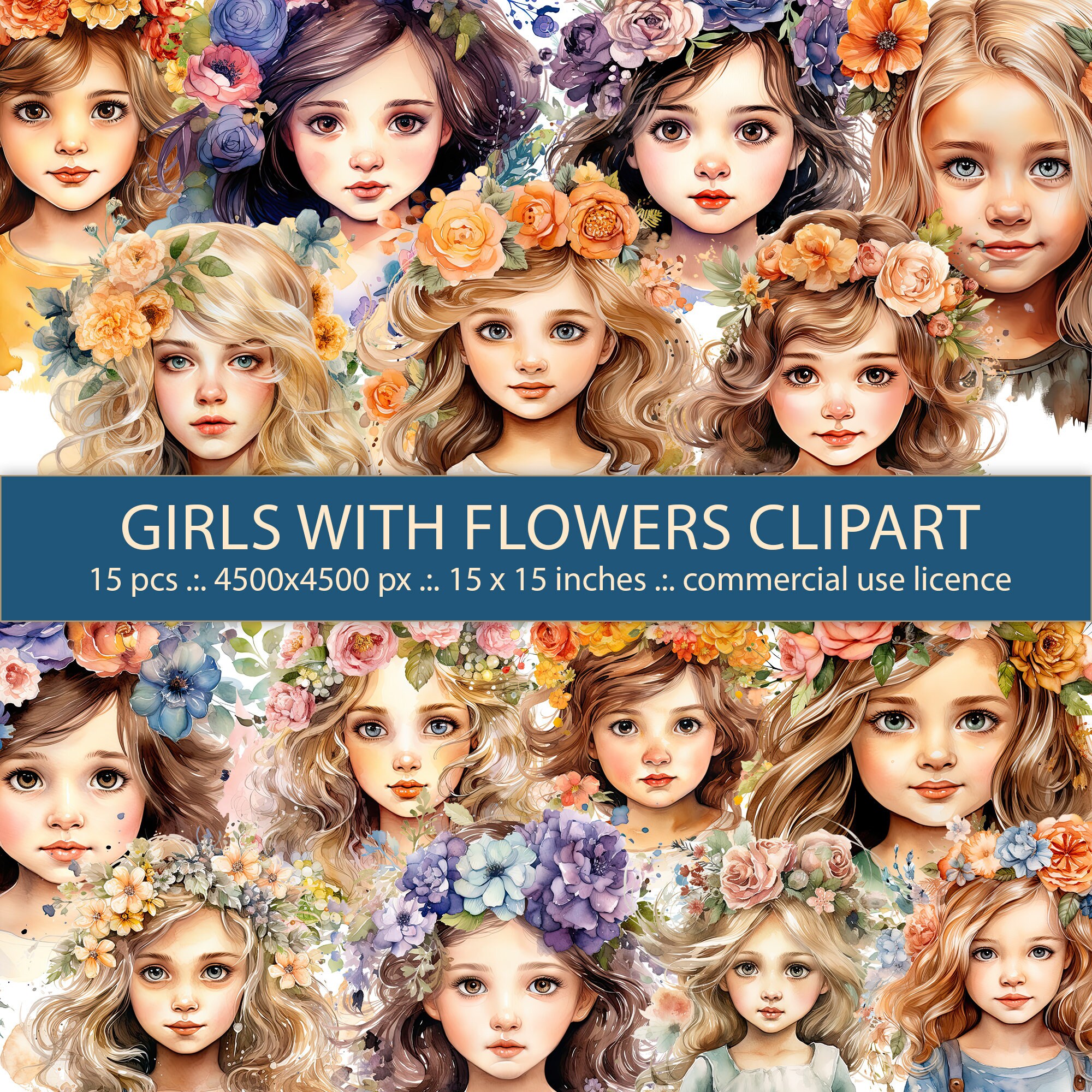 Watercolor Flower Girls Clipart Cute Girls Portraits Transparent PNG ...