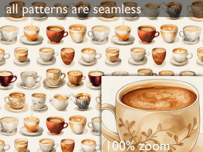 20 Watercolor Coffee Seamless Textures Coffee Cup Backgrounds Autumn ...