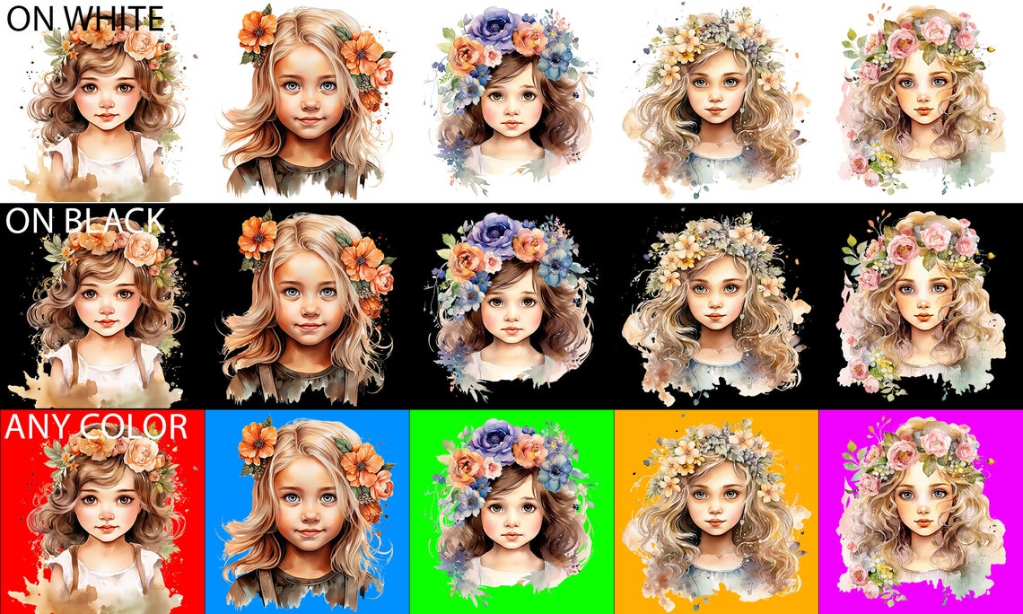 Watercolor Flower Girls Clipart Cute Girls Portraits Transparent PNG ...