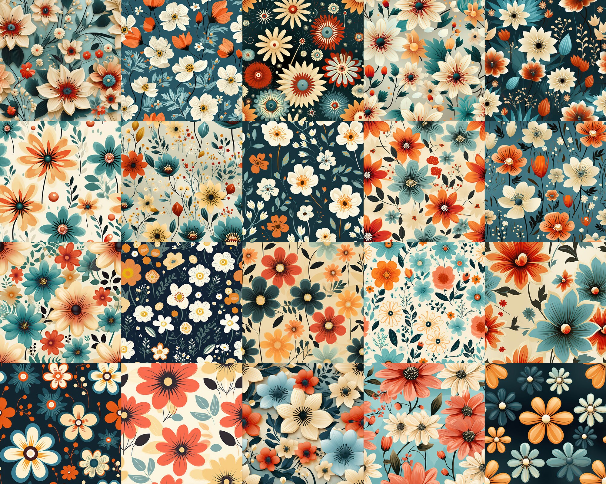 20 Seamless Retro Decorative Flowers Backgrounds, Boho Floral Seamless ...