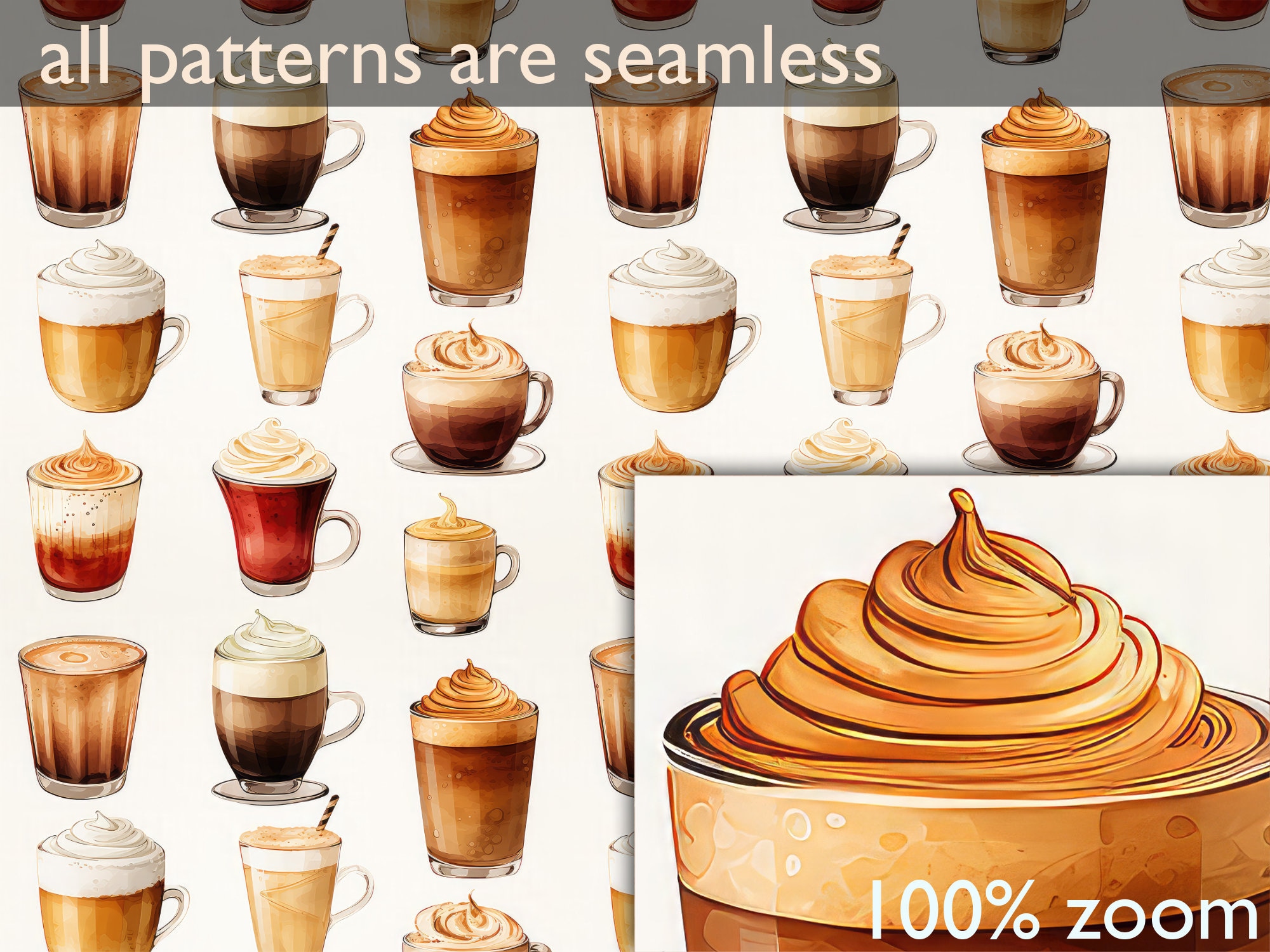 20 Watercolor Coffee Seamless Textures Coffee Cup Backgrounds Autumn ...