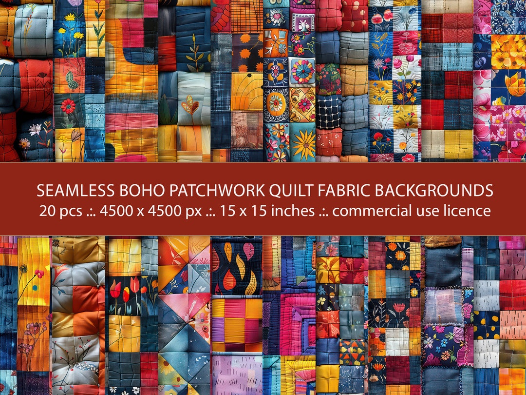 20 Seamless Boho Patchwork Quilt Linen Fabric Backgrounds, Multicolored ...