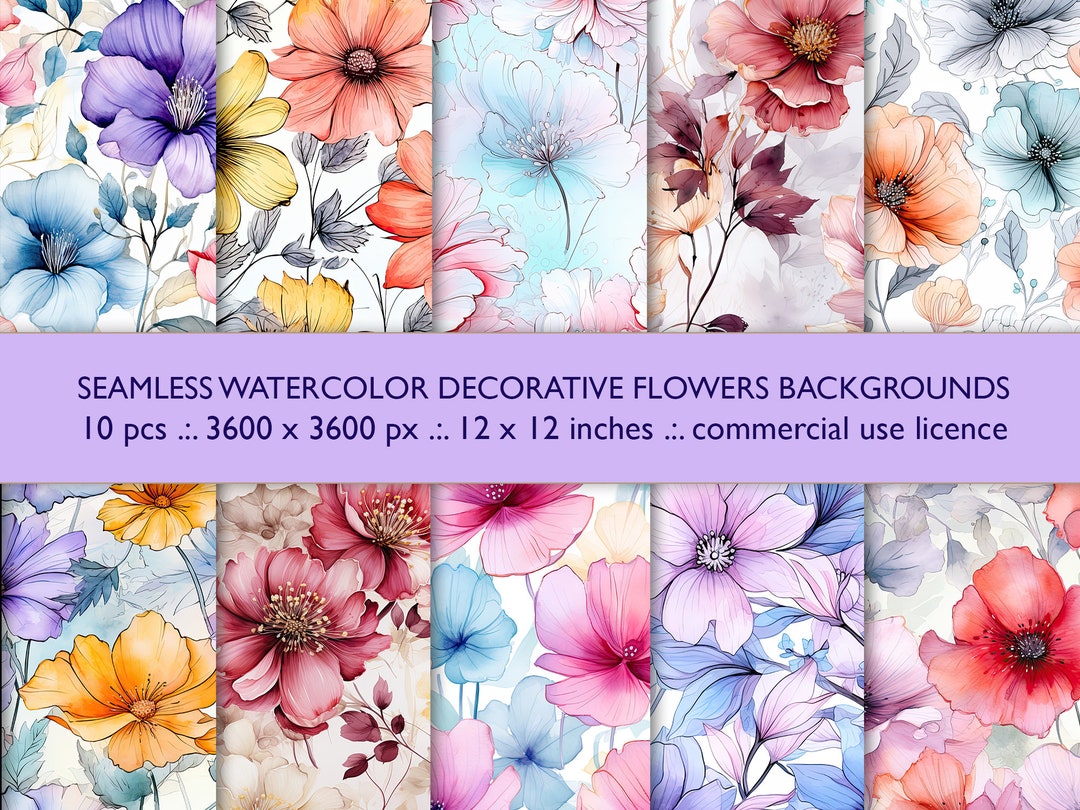 Wildflower Watercolor Digital Paper: Seamless Floral Backgrounds (10 ...