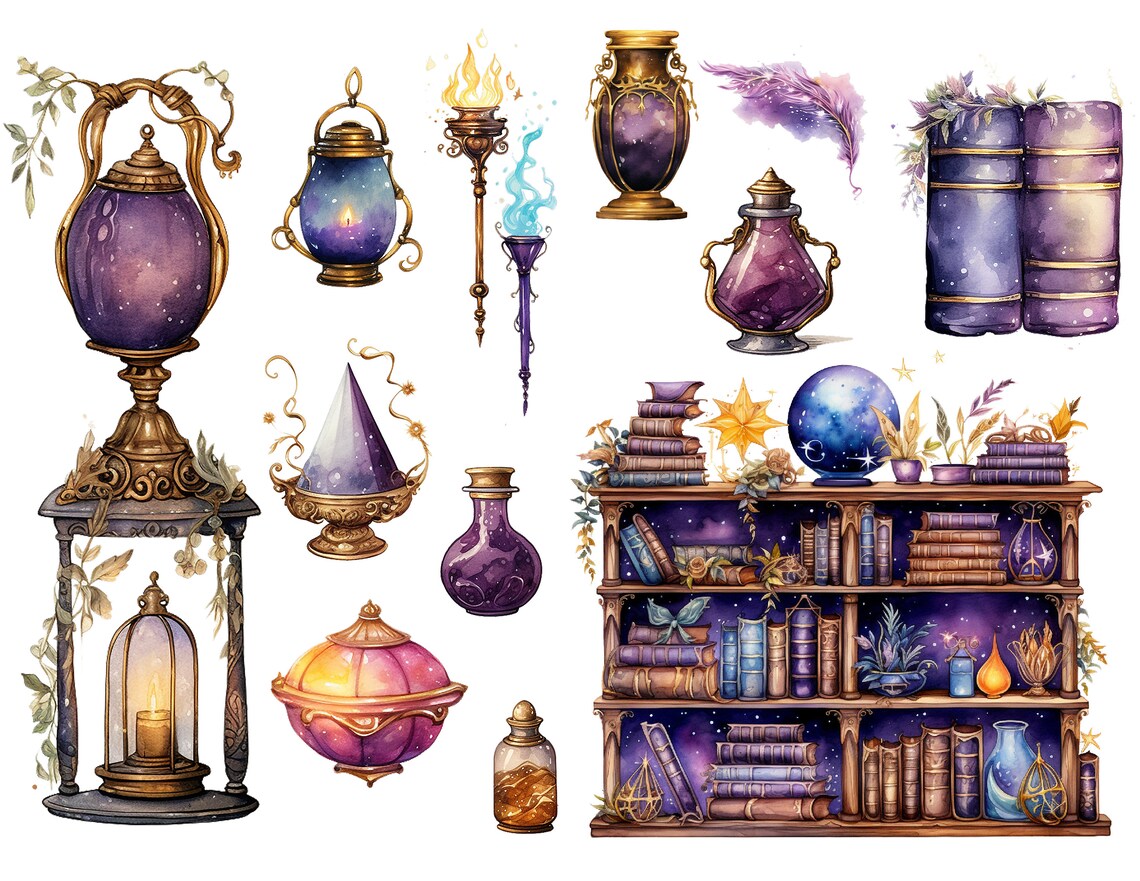 Watercolor Fantasy Books Clipart - Galaxy Book Stacks and Book Shelves ...